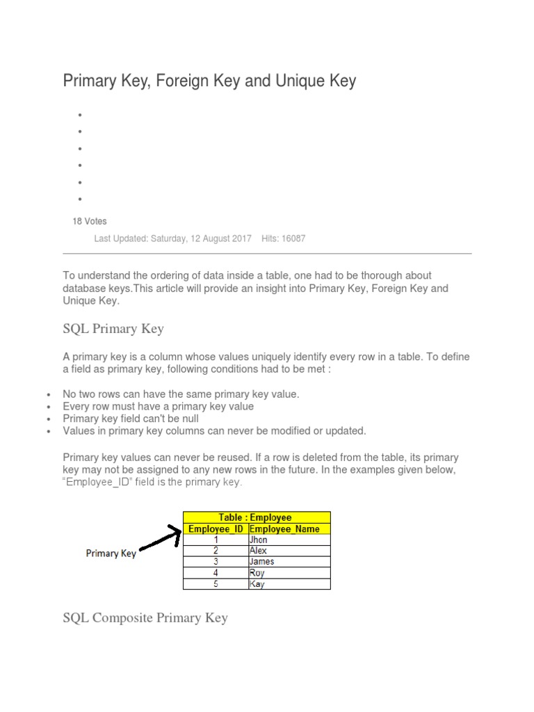 Primary Key, Foreign Key and Unique Key | PDF | Relational Database ...