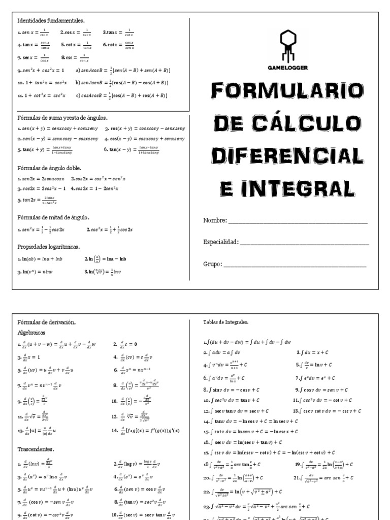 Formulario de Cálculo Diferencial e Integral PDF | PDF | Integral ... Formulario de Cálculo Diferencial e Integral PDF | PDF | Integral ...