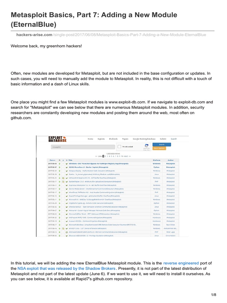 Metasploit Basics Part 7 Adding A New Module EternalBlue | PDF | System ... Metasploit Basics Part 7 Adding A New Module EternalBlue | PDF | System ...