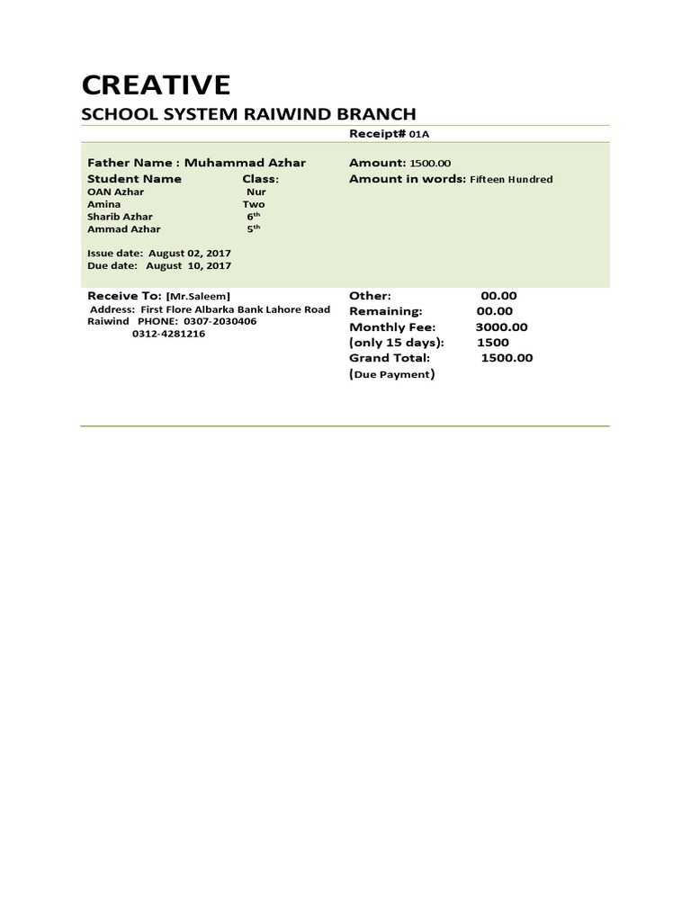 Creative School System Fee Slip | PDF