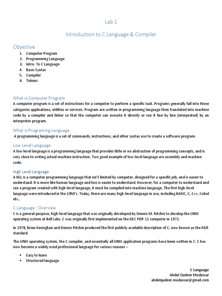 Lab1 Introduction To C Language Pdf C Programming Language Computer Program 3558