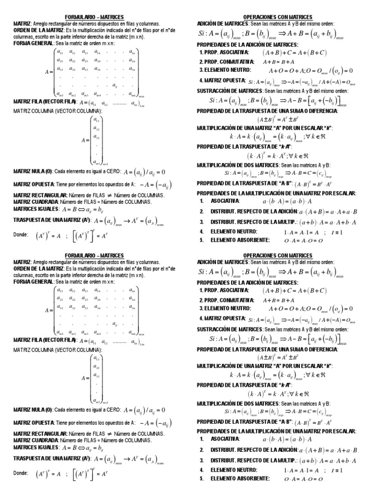 Formulario - Matrices (2014) | PDF | Matriz (Matemáticas) | Análisis funcional