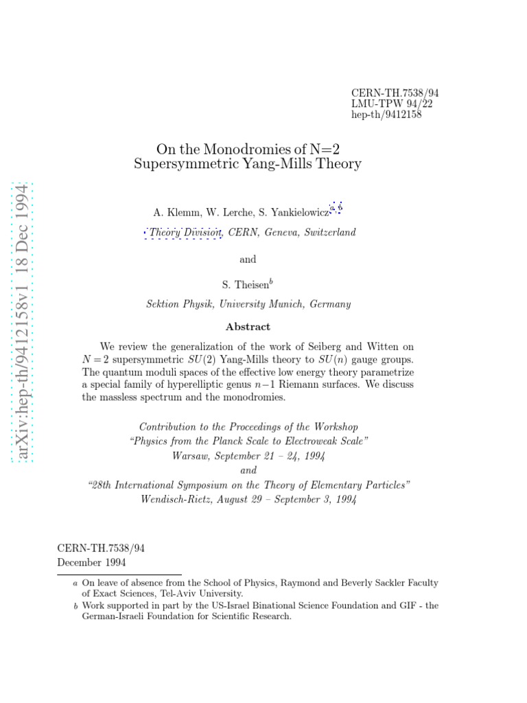 On The Monodromies of N 2 Supersymmetric Yang-Mills Theory | PDF | Gauge Theory | Matrix ...