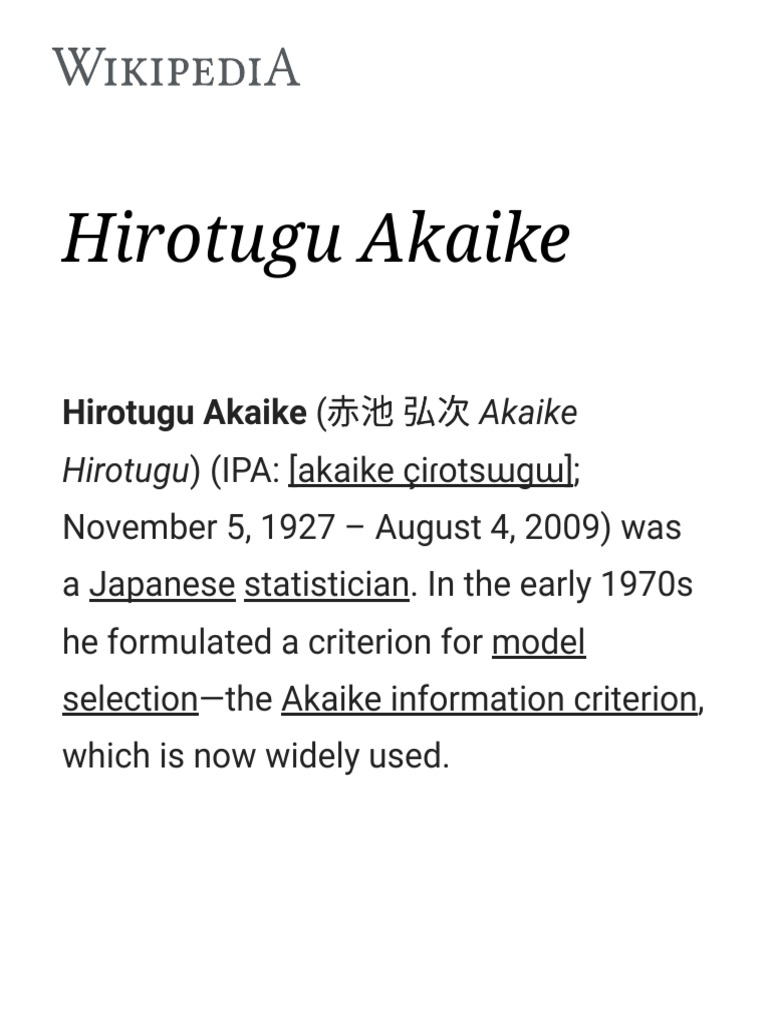 Hirotugu Akaike - Wikipedia PDF | PDF | Akaike Information Criterion ... Hirotugu Akaike - Wikipedia PDF | PDF | Akaike Information Criterion ...