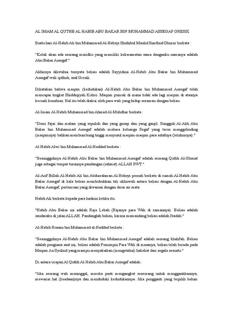 Al Imam Al Quthb Al Ghauts Al Habib Abu Bakar Bin Muhammad AsSeggaf | PDF