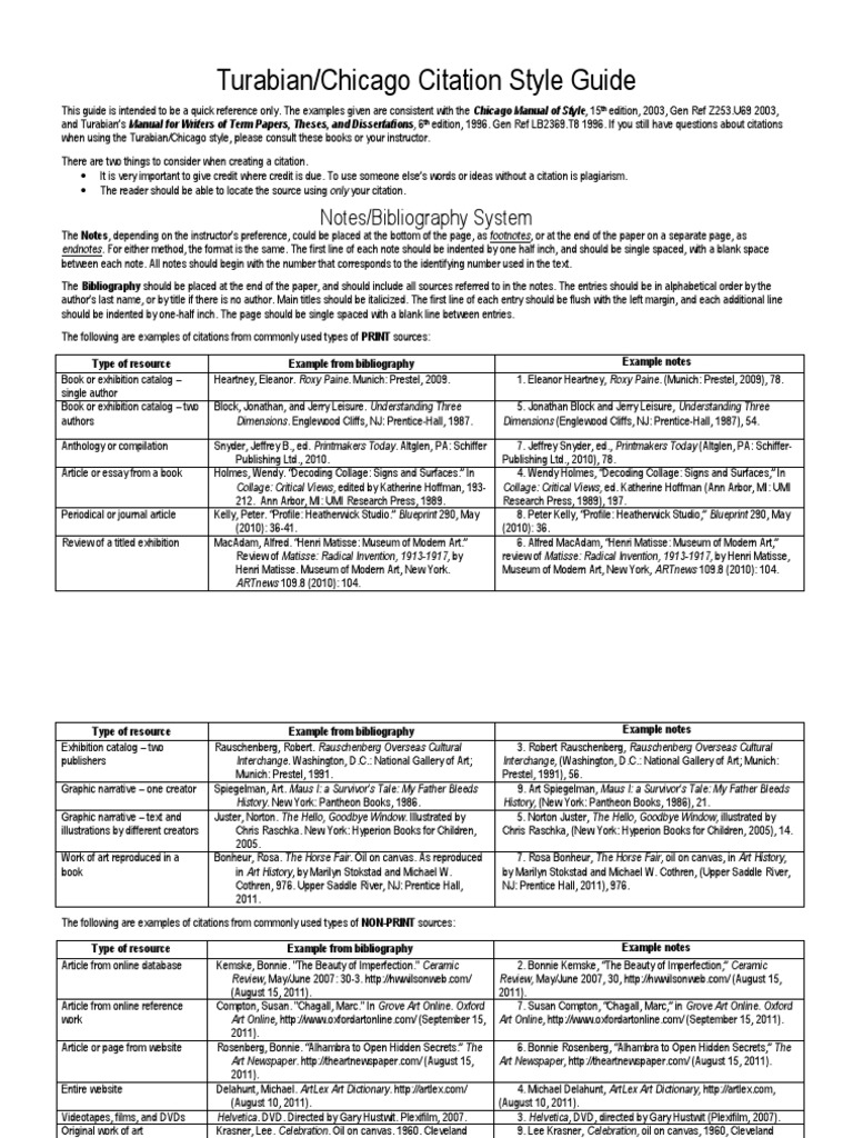 Turabian/Chicago Citation Style Guide: Notes/Bibliography System | PDF ...