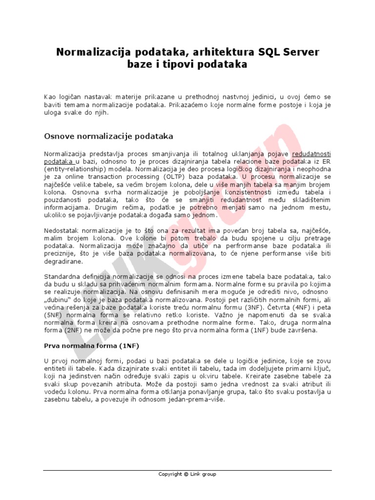 1-3 Normalizacija Podataka Arhitektura SQL Server | PDF