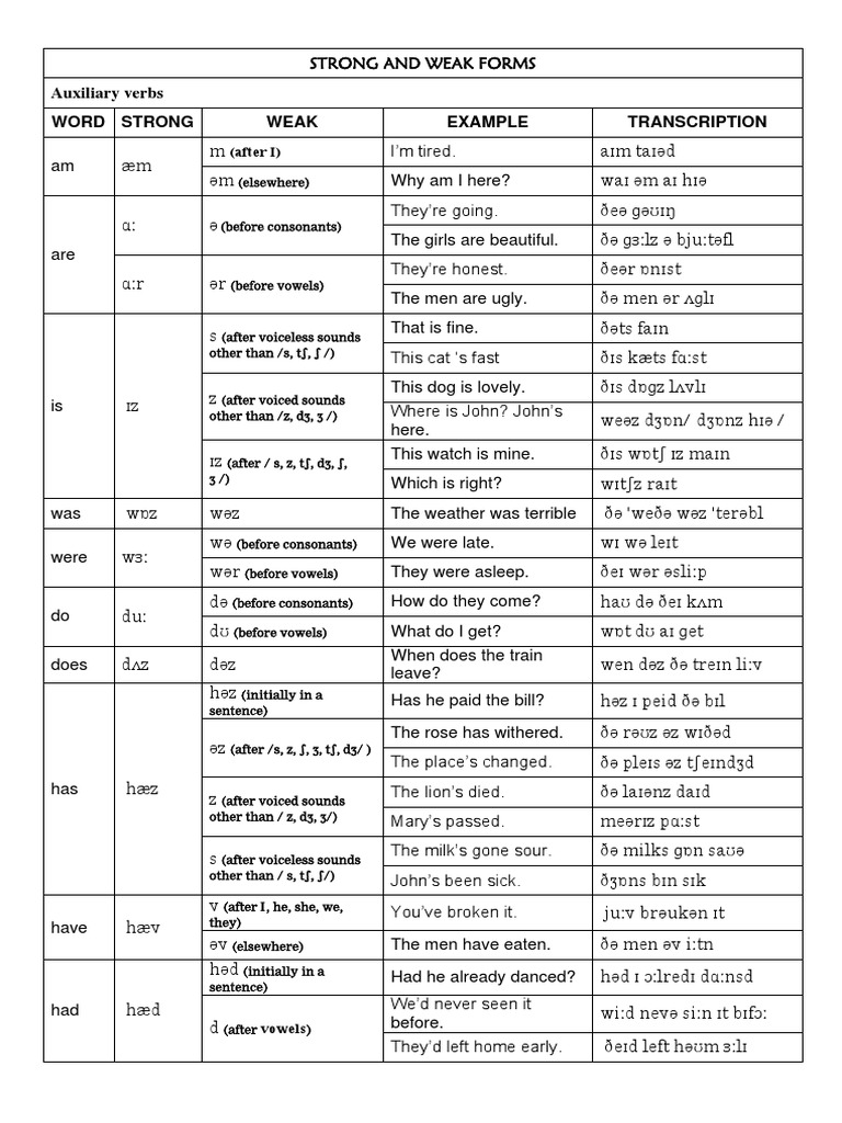 STRONG AND WEAK FORMS Auxiliary Verbs WO PDF | PDF | Stress ...