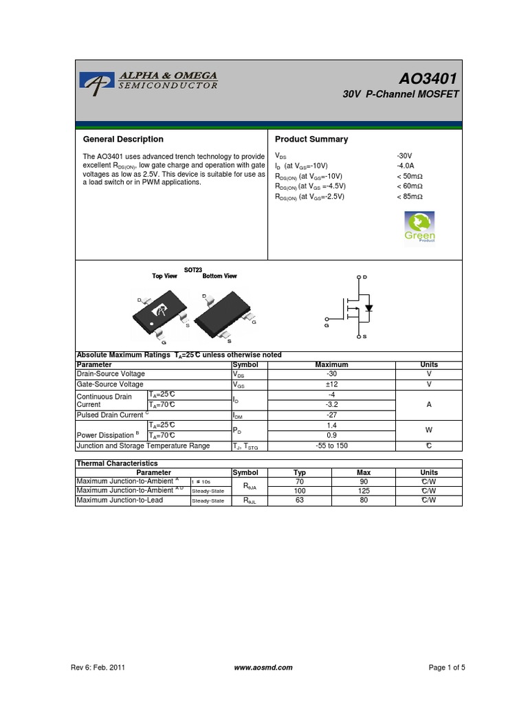 Ao3401 PDF | PDF | Field Effect Transistor | Mosfet