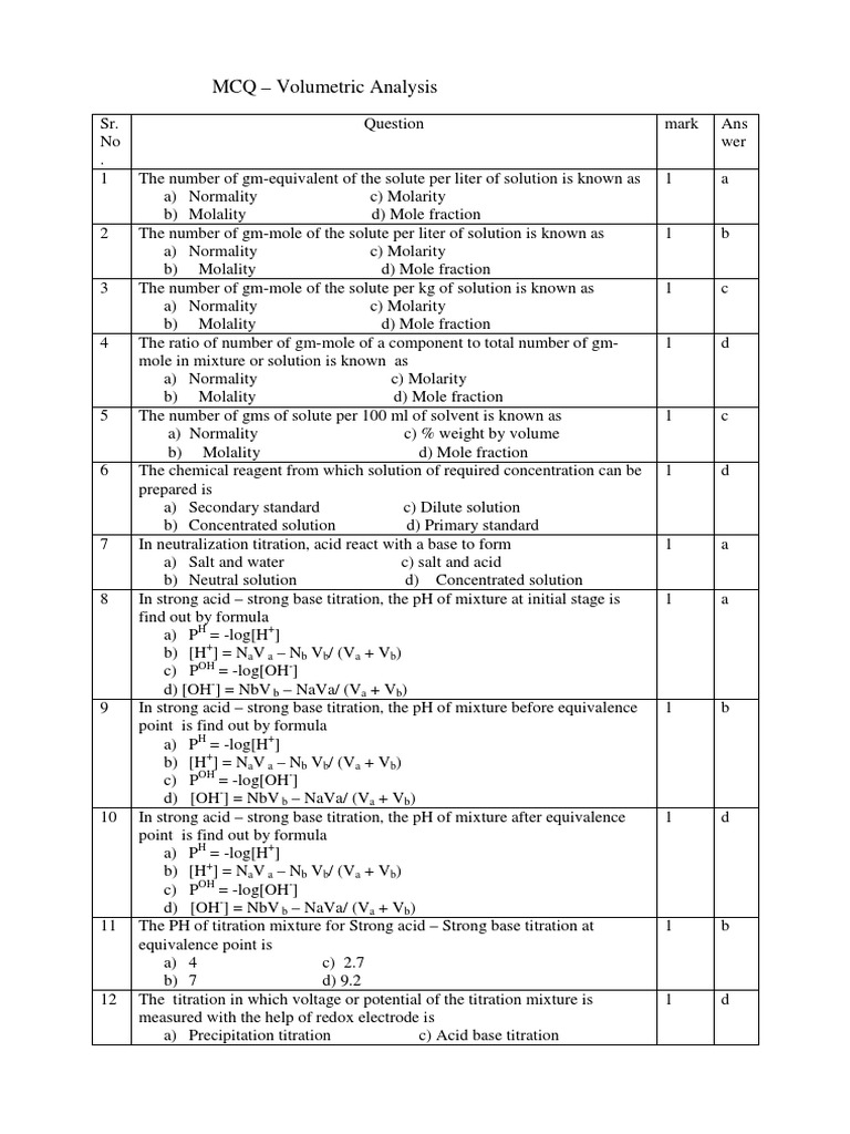 MCQ - SE Volumetric Ana | PDF | Titration | Chemistry