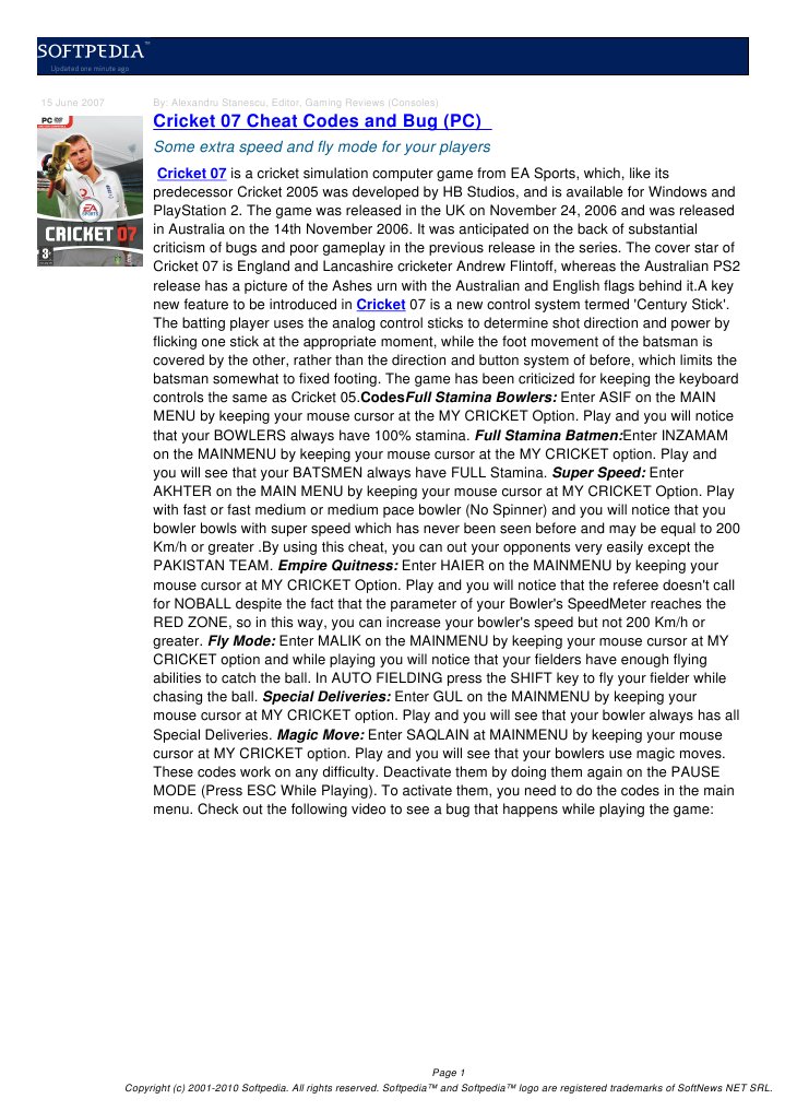 Cricket 07 Cheat Codes and Bug PC | PDF | Cricket | Bowling (Cricket)