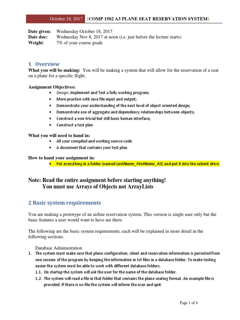 Assignment 3 - Plane Seat Reservation System | PDF | Aisle | Computer File