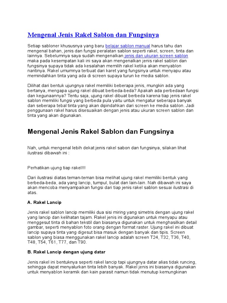 Jenis Rakel Sablon Dan Fungsinya | PDF | Griya & Taman