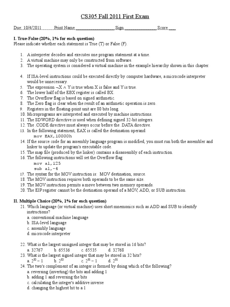 Assembly First Exam | PDF | Summation | Assembly Language