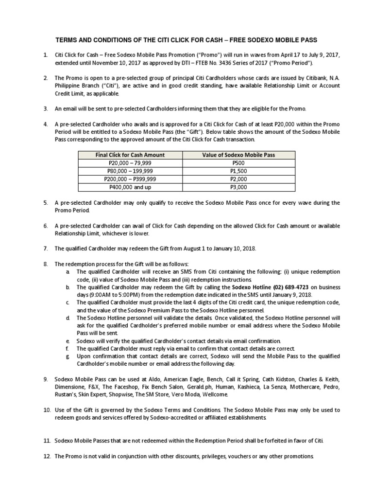 Citi Click for Cash: Sodexo Mobile Pass | PDF | Credit Card | Banking
