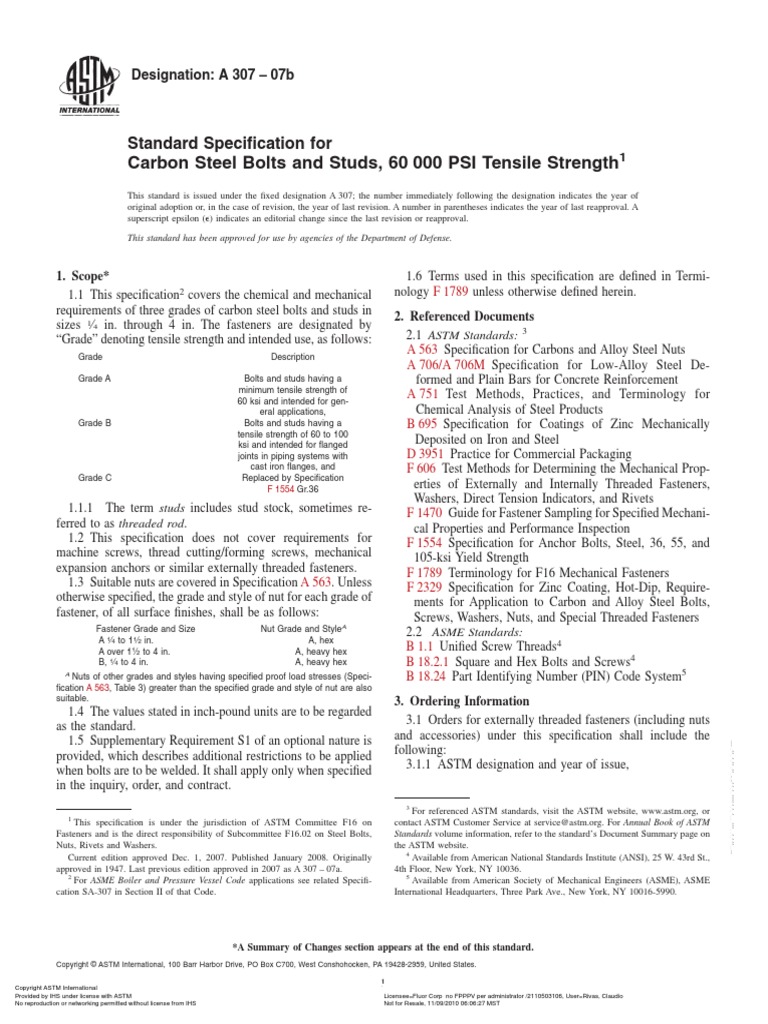 ASTM A307 Standard Specification for Carbon Steel Bolts and Studs, 60 ...