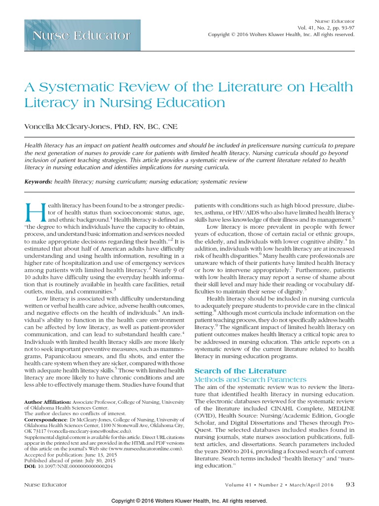 A Systematic Review of The Literature On Health Literacy in Nursing ...