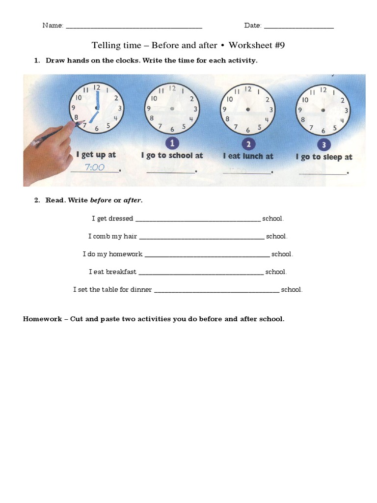 Telling Time - Before and After - Worksheet #9: 1. Draw Hands On The ...