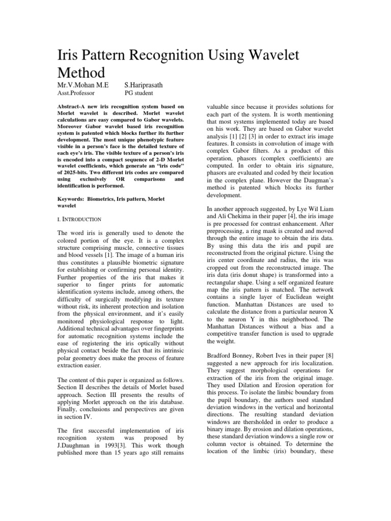Iris Pattern Recognition Using Wavelet Method: Mr.V.Mohan M.E S ...
