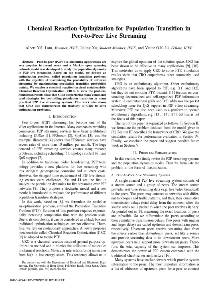 Chemical Reaction Optimization For Population Transition in Peer-to-Peer Live Streaming | PDF ...