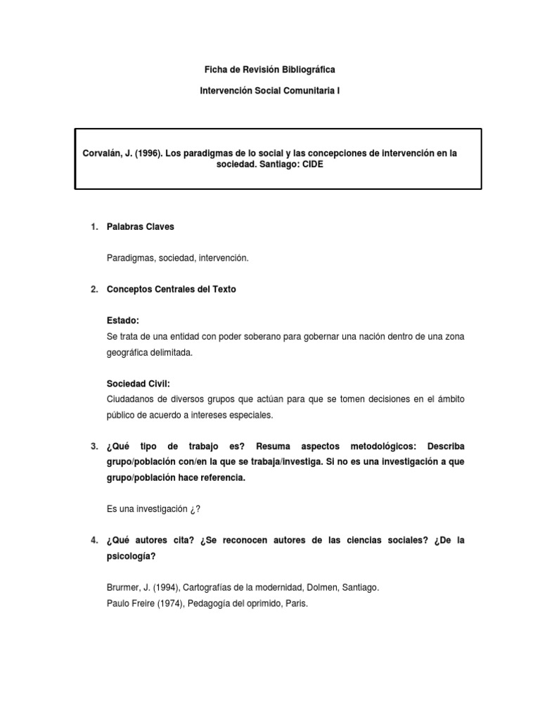 Ficha de Revisión Bibliográfica, TEXTO Corvalan. 1 | PDF | Paradigma | Sociedad