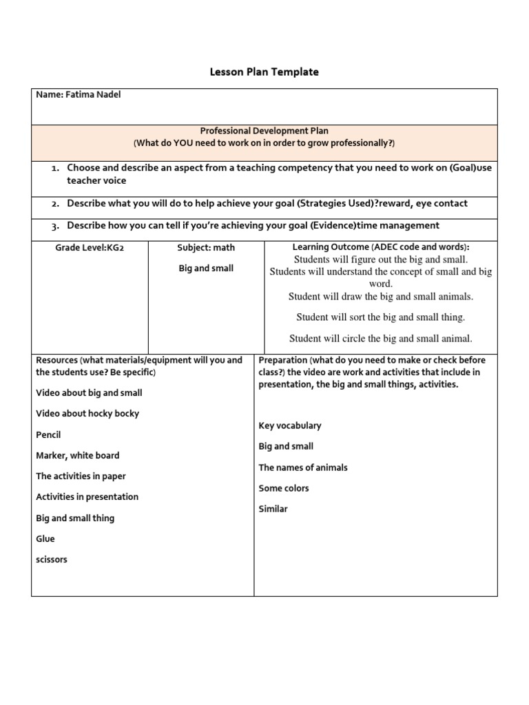 Lesson Plan Template About Big and Small 1 | PDF | Lesson Plan | Teachers