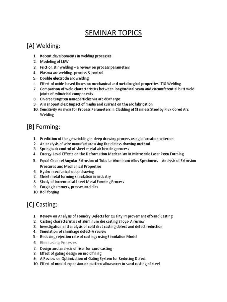 List of Seminar Topic-MP-2 | PDF | Casting (Metalworking) | Welding