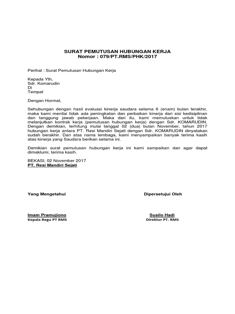 Surat Pemutusan Hubungan Kerja | PDF