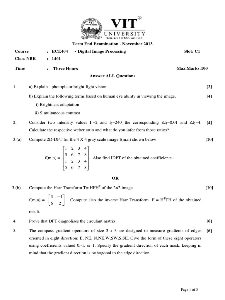 VIT image processing question paper | Optical Resolution | Image ...