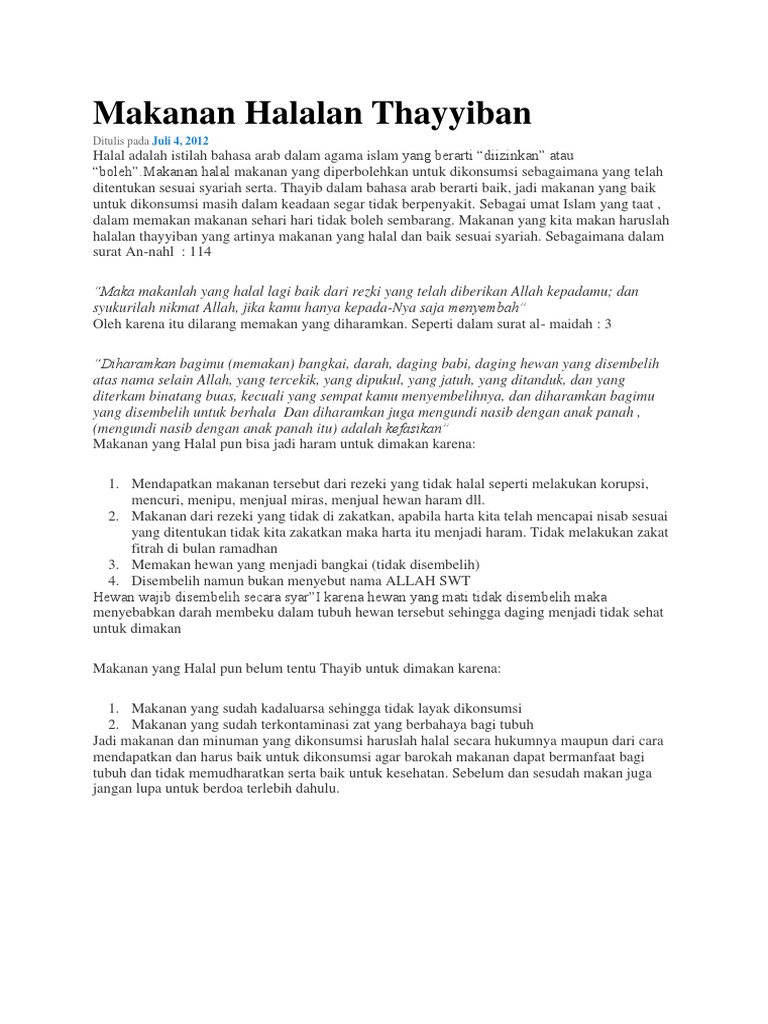 Makanan Halalan Thayyiban | PDF