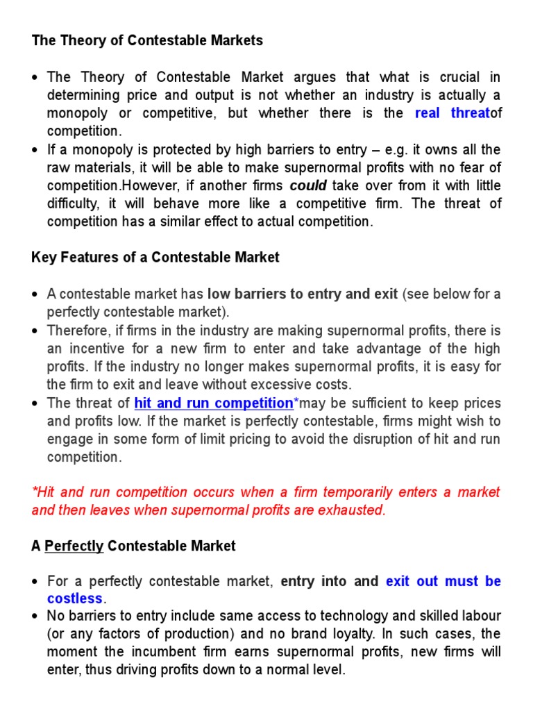 The Theory of Contestable Markets | PDF | Profit (Economics) | Monopoly