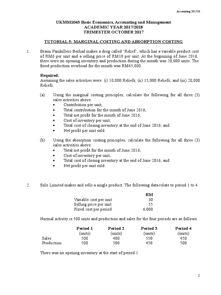 Tutorial 5 - Marginal and Absorption Costing Questions | PDF | Profit ...