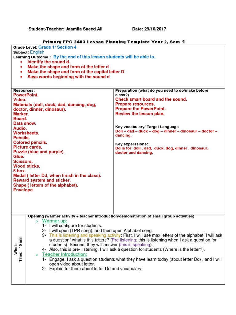 Lesson Plan Templateletter DD | PDF | Vocabulary | Neuropsychological ...