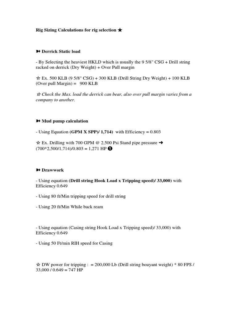 Rig Sizing Calculations | PDF