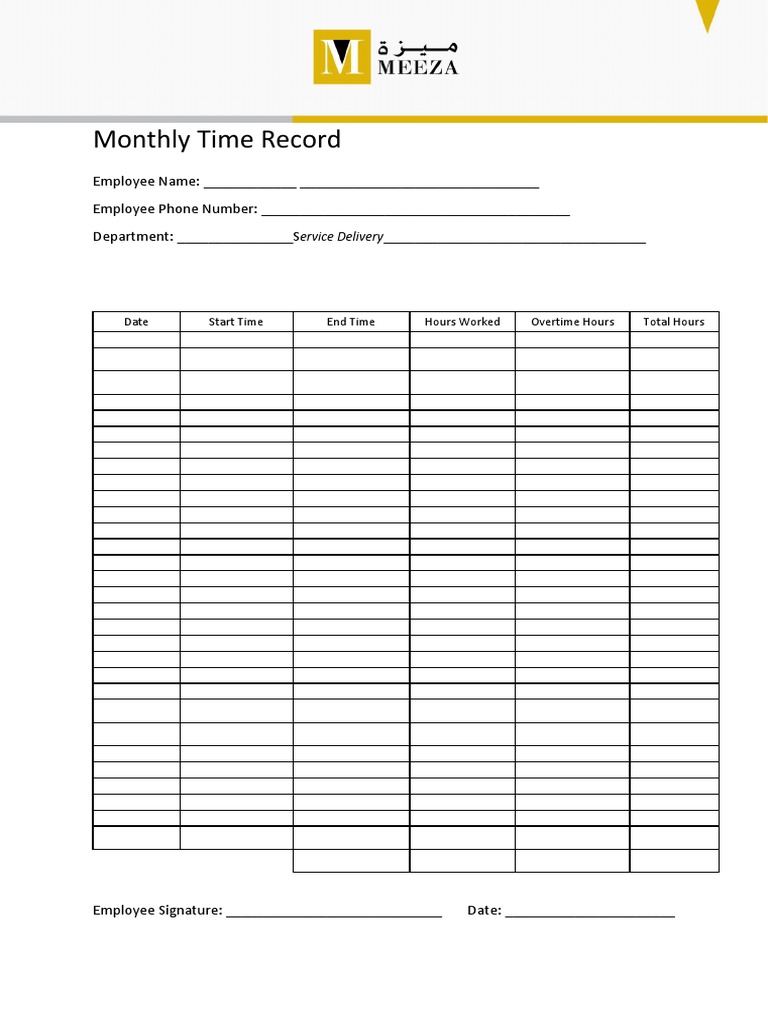 Monthly Employee Time Record Form | PDF