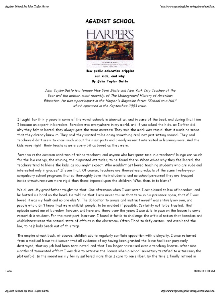 Against School, by John Taylor Gatto | PDF | Teachers