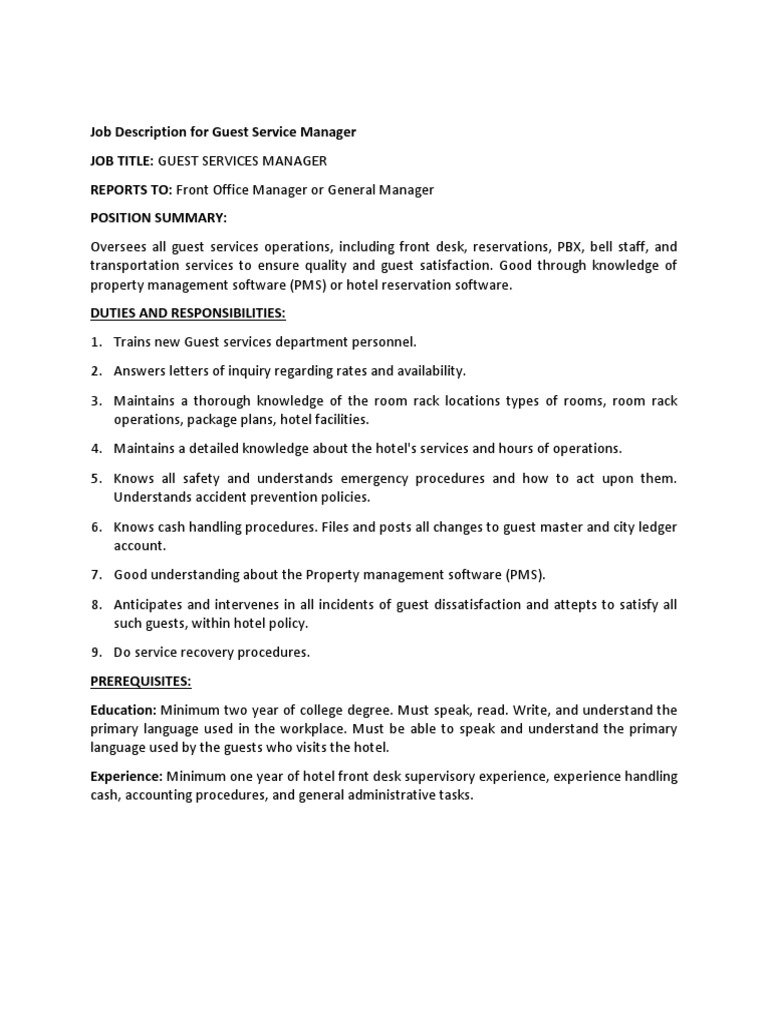 Guest Service Manager Job Description | PDF