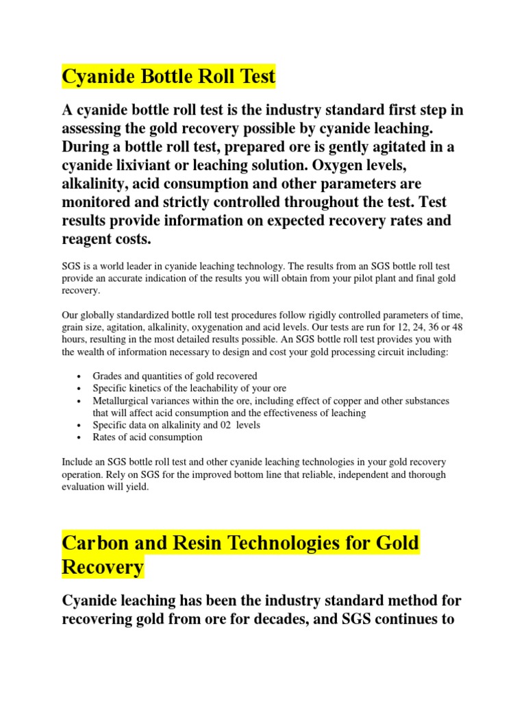 Cyanide Bottle Roll Test Overview | PDF | Gold | Metallic Elements