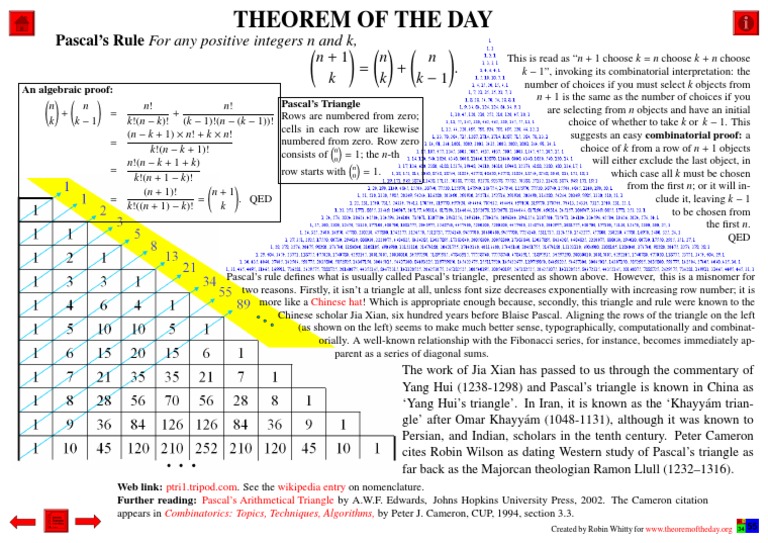 Pascal's Rule For Any Positive Integers N and K | PDF | Discrete ...