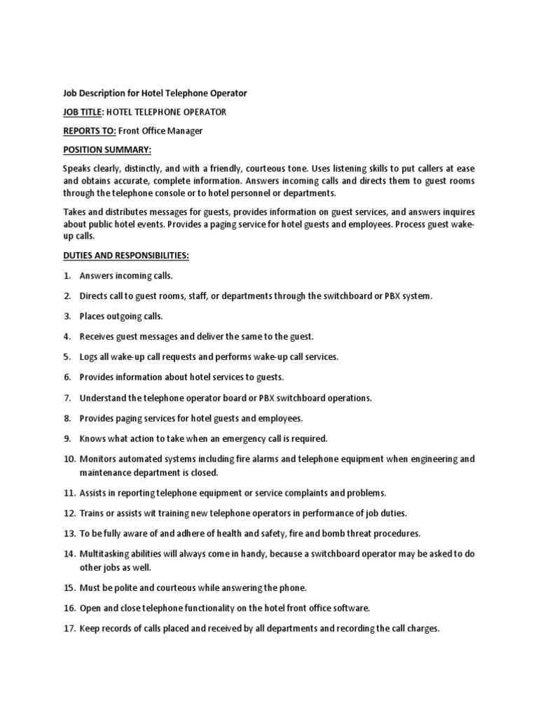 Job Description For Hotel Telephone Operator | PDF | Telephone ...