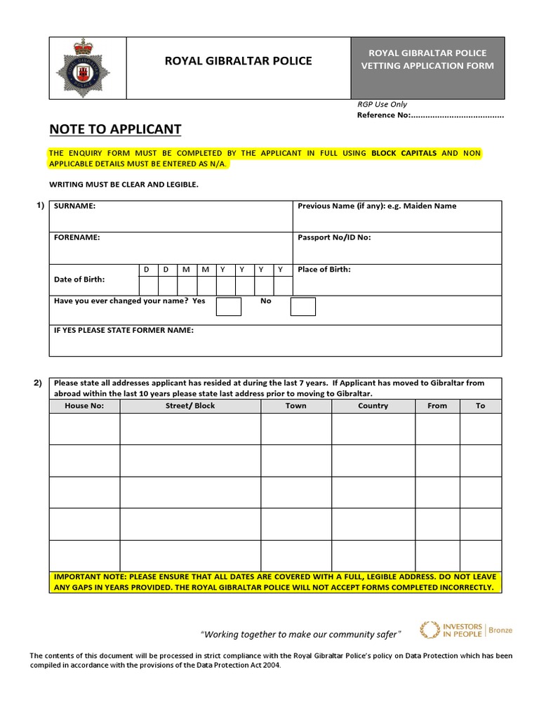 Royal Gibraltar Police Vetting Application Form | PDF | Mental Disorder ...