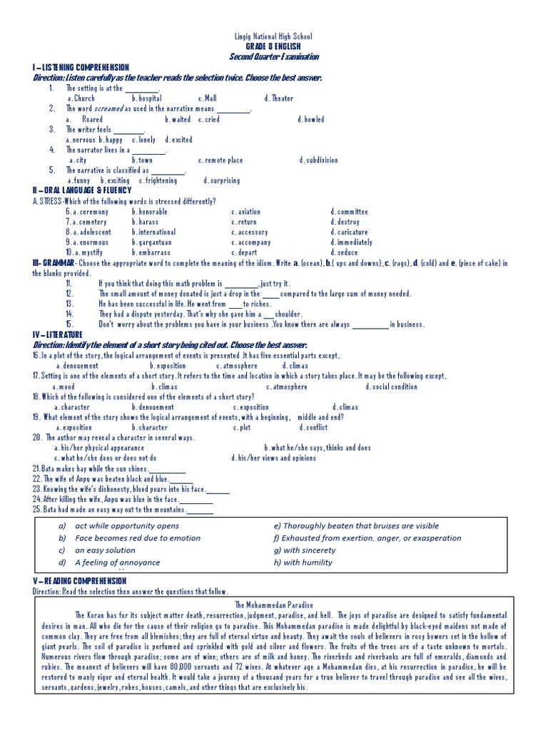 2nd QUARTER EXAM GRADE 8 ENGLISH docx Paradise Languages