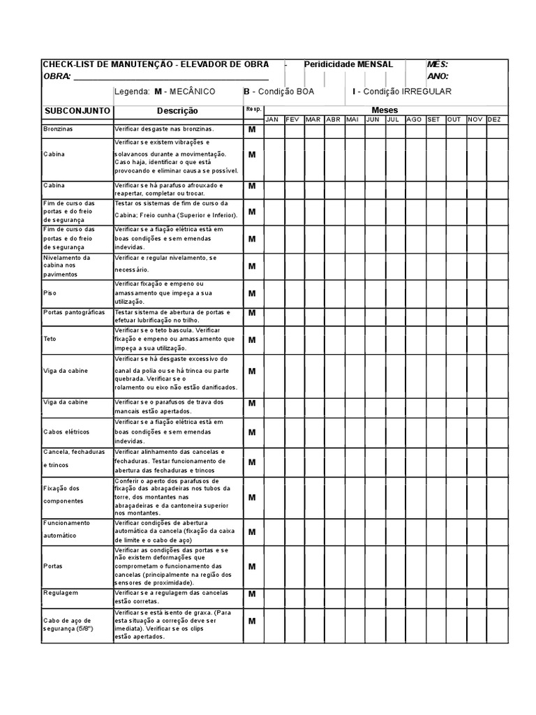81823514 Check List Manutencao Preventiva Elevadores a Cabo Mensal 1 ...