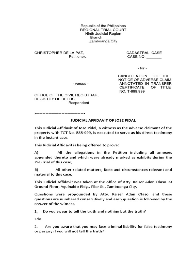 Judicial Affidavit of Jose Pidal | PDF | Affidavit | Perjury