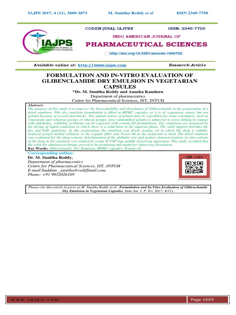 Formulation And In Vitro Evaluation Of Glibenclamide Dry Emulsion In Vegetarian Capsules