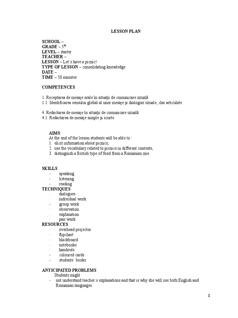 Lesson Plan - Let's Have A Picnic | PDF | Lesson Plan | Vocabulary