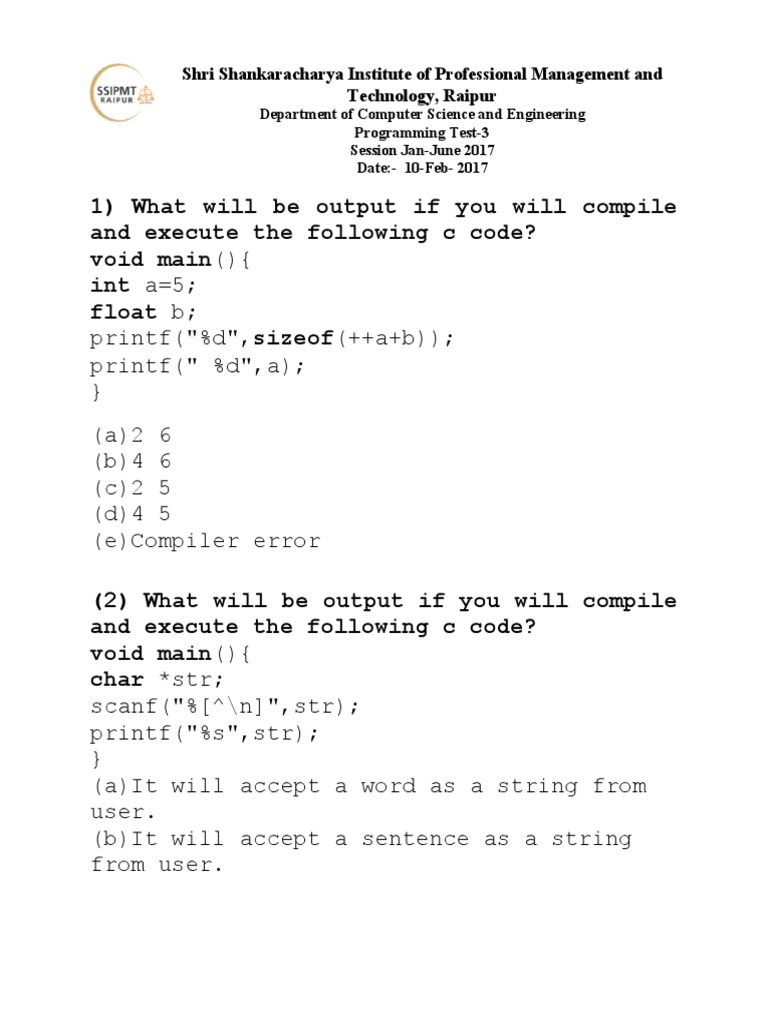 1) What Will Be Output If You Will Compile and Execute The Following C Code? Void Main (Int A 5 ...
