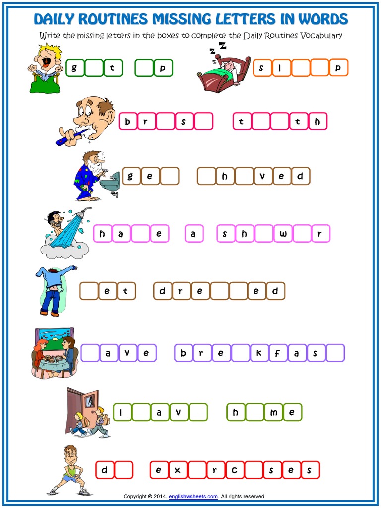 Daily Routines Vocabulary Missing Letters in Words Esl Worksheet | PDF