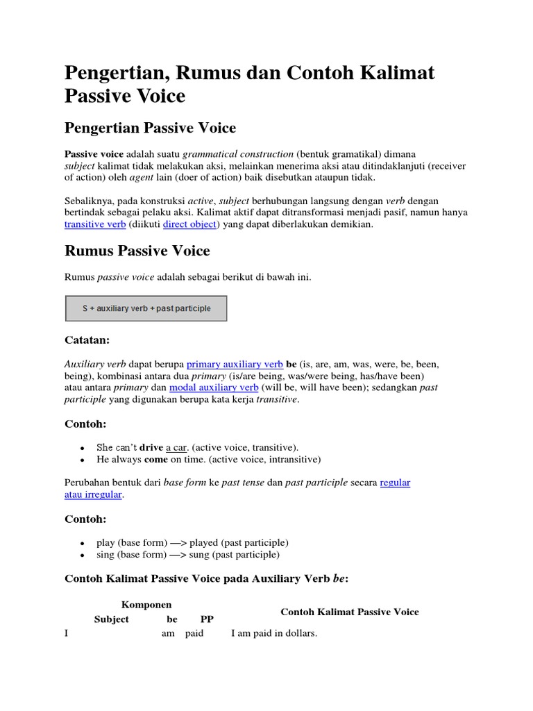 Pengertian, Rumus Dan Contoh Kalimat Passive Voice | PDF