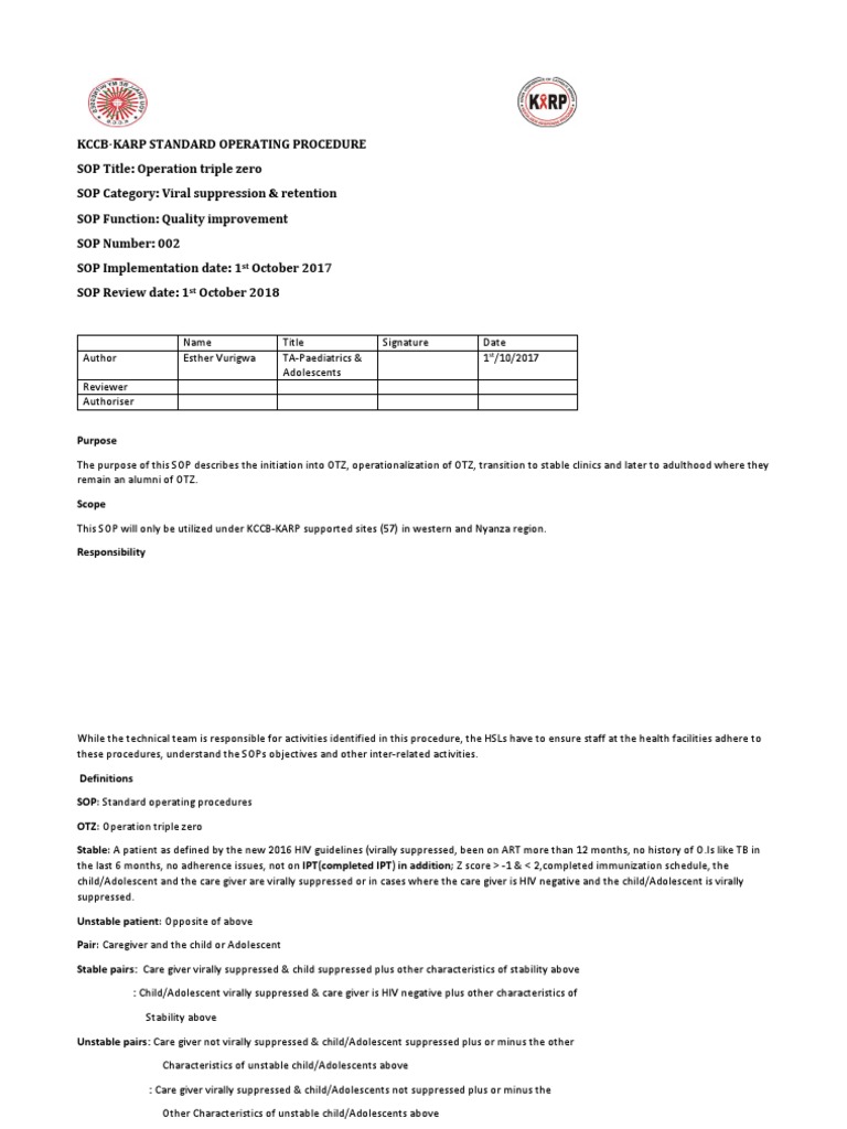 KCCB-KARP SOP for Operation Triple Zero | PDF | Management Of Hiv/Aids | Medical Specialties